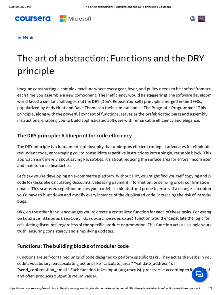The Art of Abstraction - Functions and The DRY Principle - Coursera | PDF | Abstraction ...