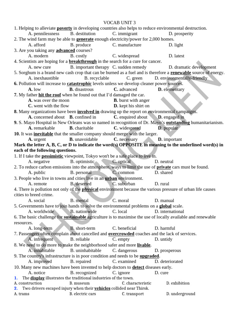 Vocabulary Unit 3: Environmental Terms | PDF | City | Traffic Congestion
