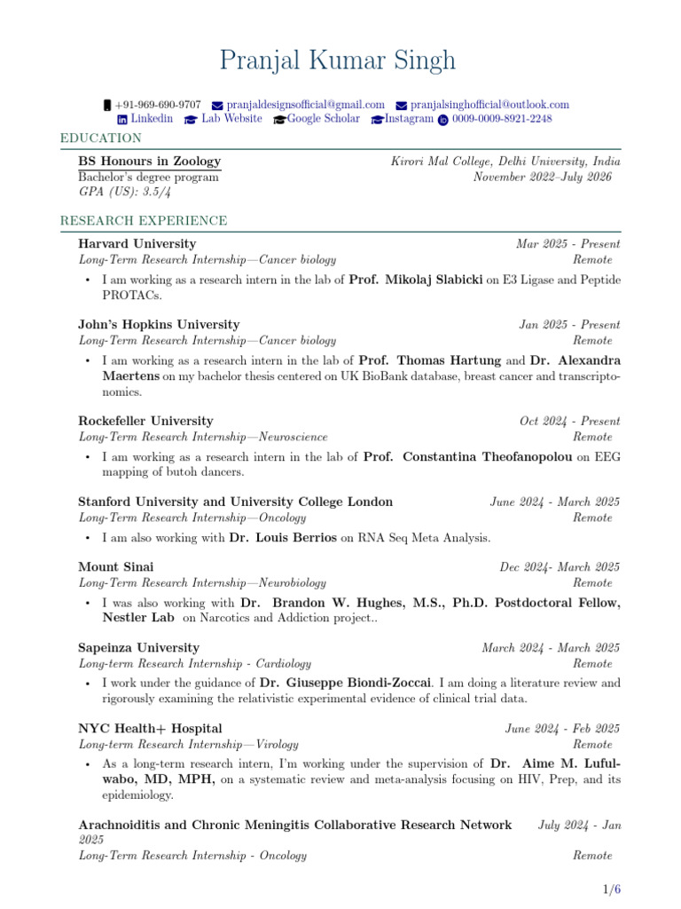 CV - Pranjal - Complete - 2025 - Pranjal Singh | PDF | Medicine