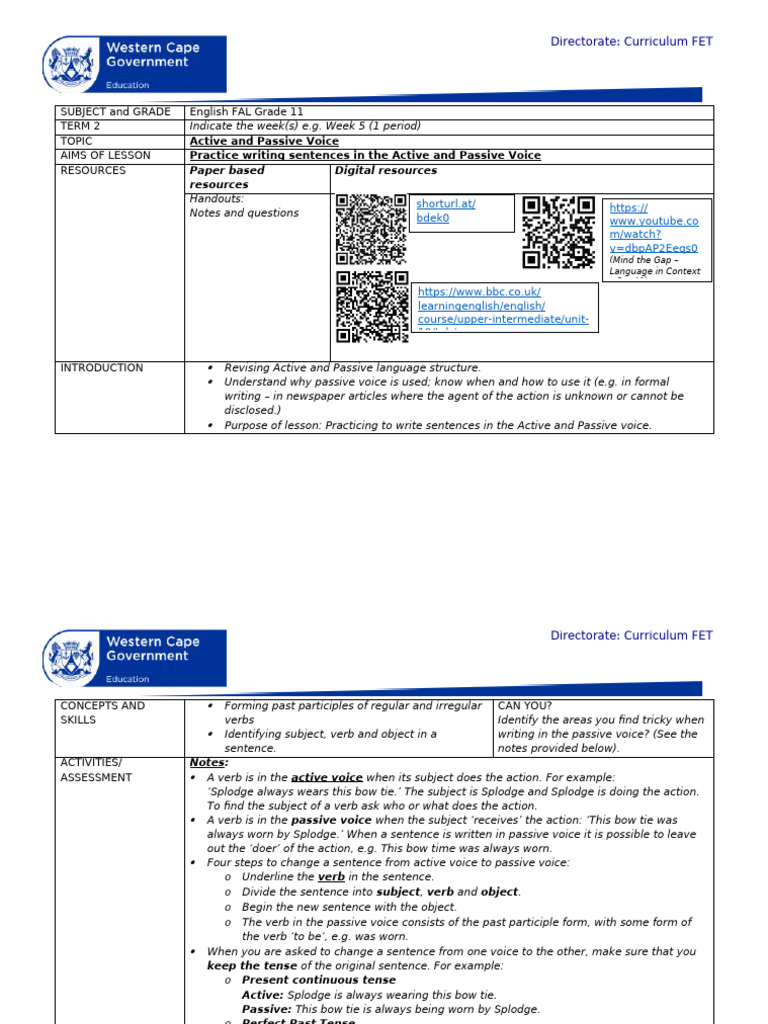 Week 5 FET Lesson Framework - 2020 - FAL GR 11 Active and Passive | PDF ...
