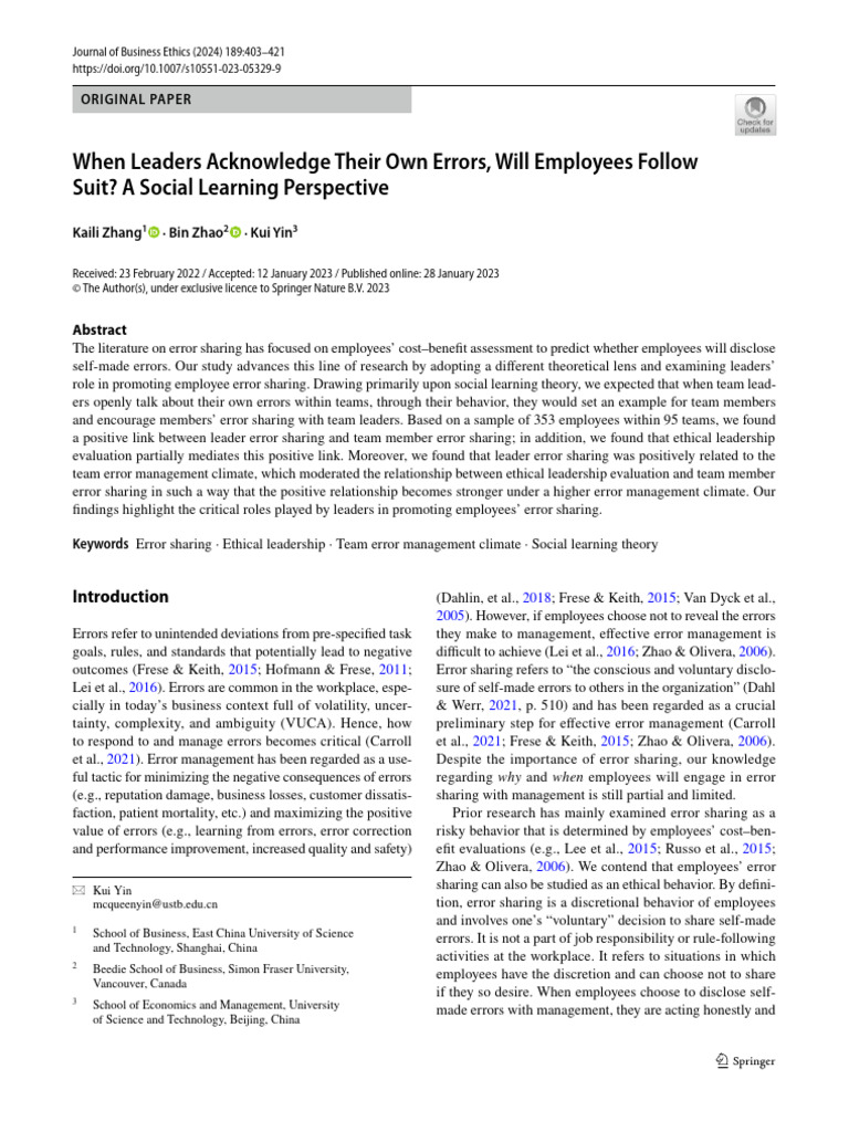When Leaders Acknowledge Their Own Errors, Will Employees Follow | PDF ...