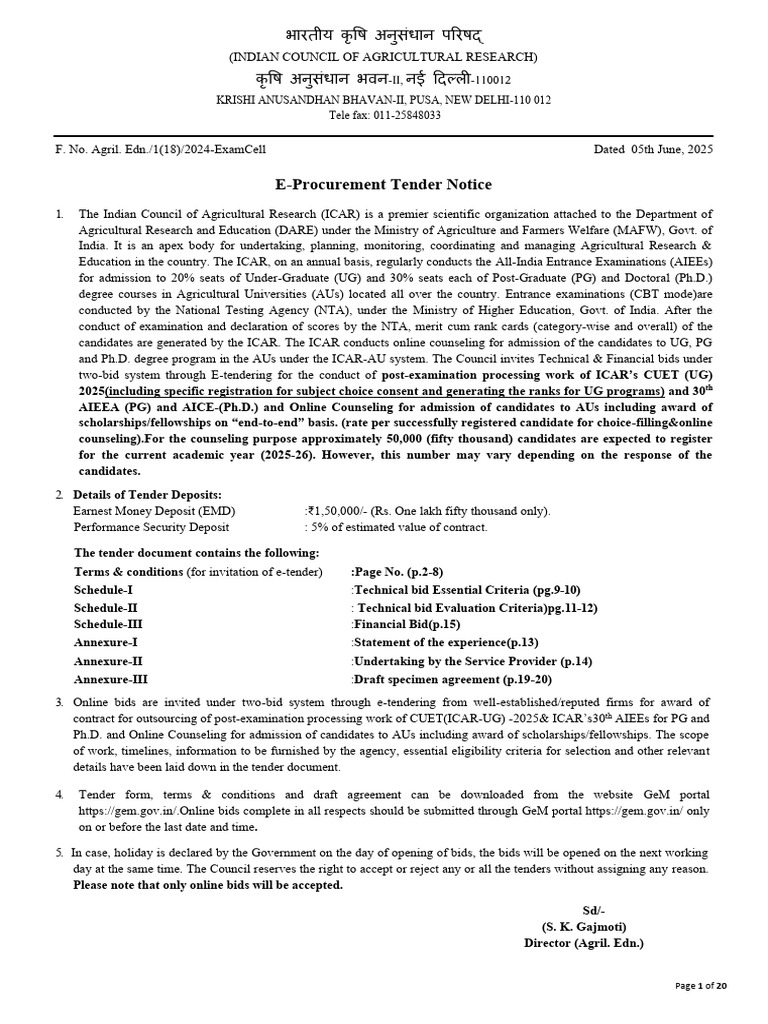 ICAR E-Tender for Post-Exam Processing | PDF | Doctor Of Philosophy ...