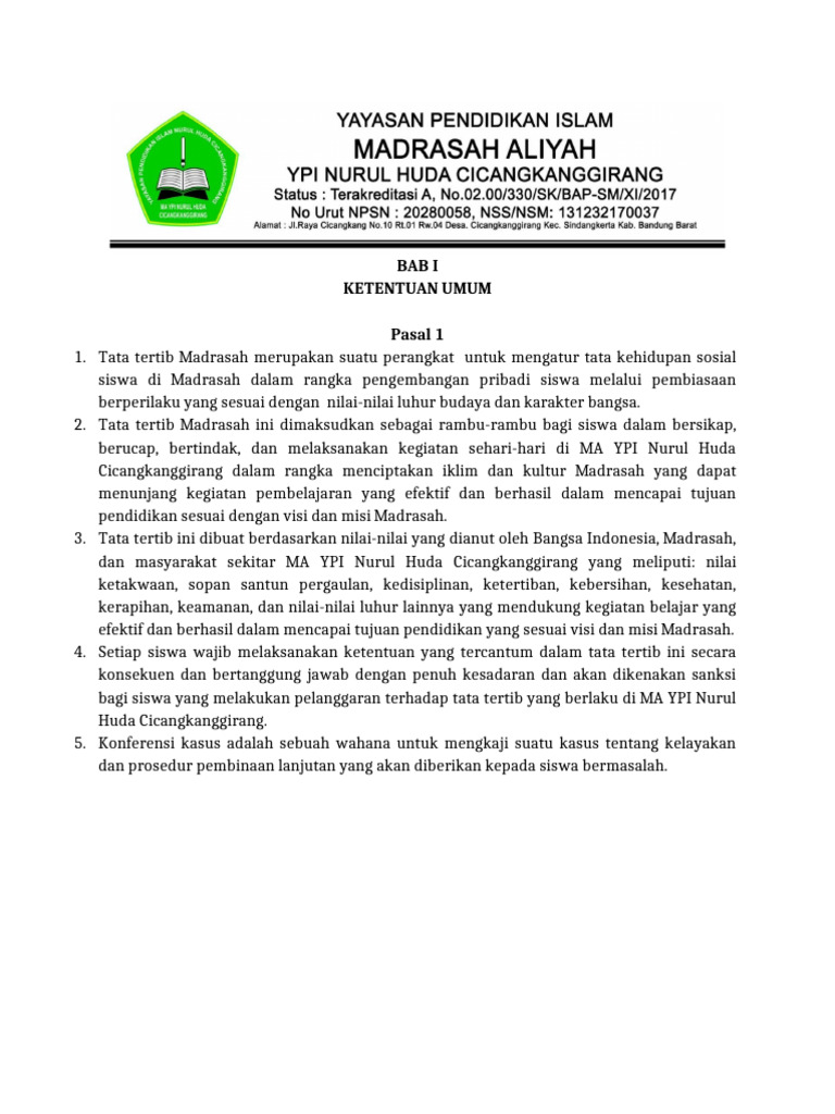 Tata Tertib Siswa MA YPI Nurul Huda | PDF