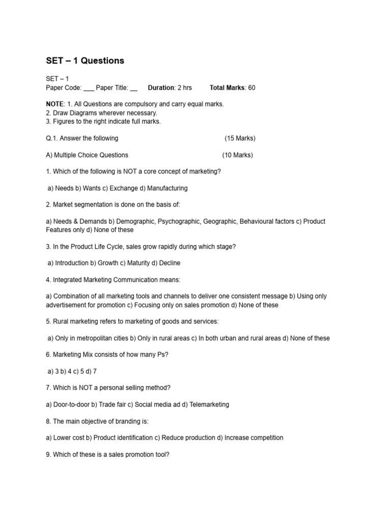 SET - 1 Questions Paper | PDF | Marketing | Brand