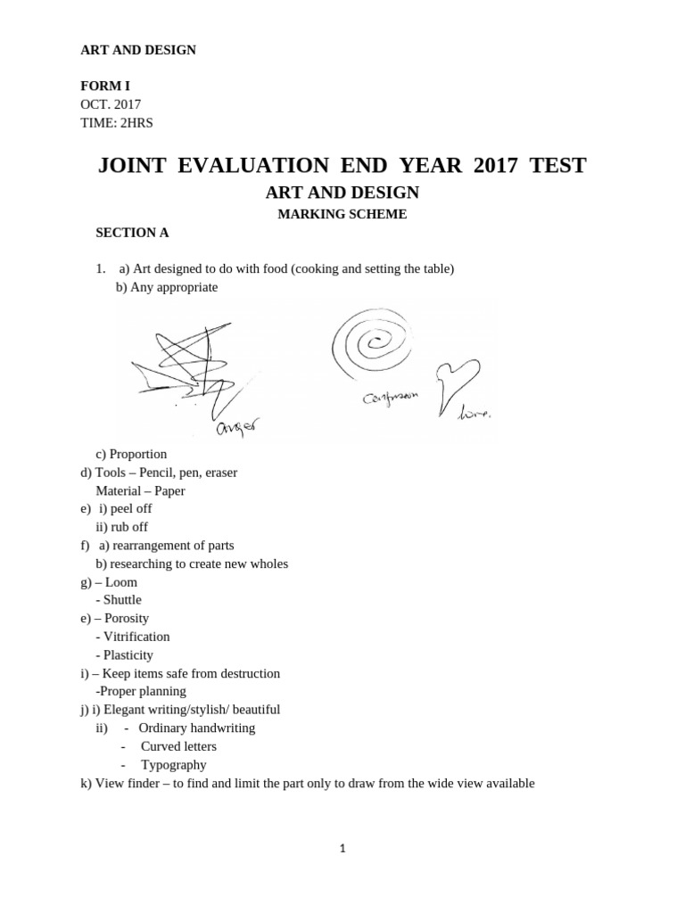 Form 1 Art and Design 2017 Marking Scheme | PDF