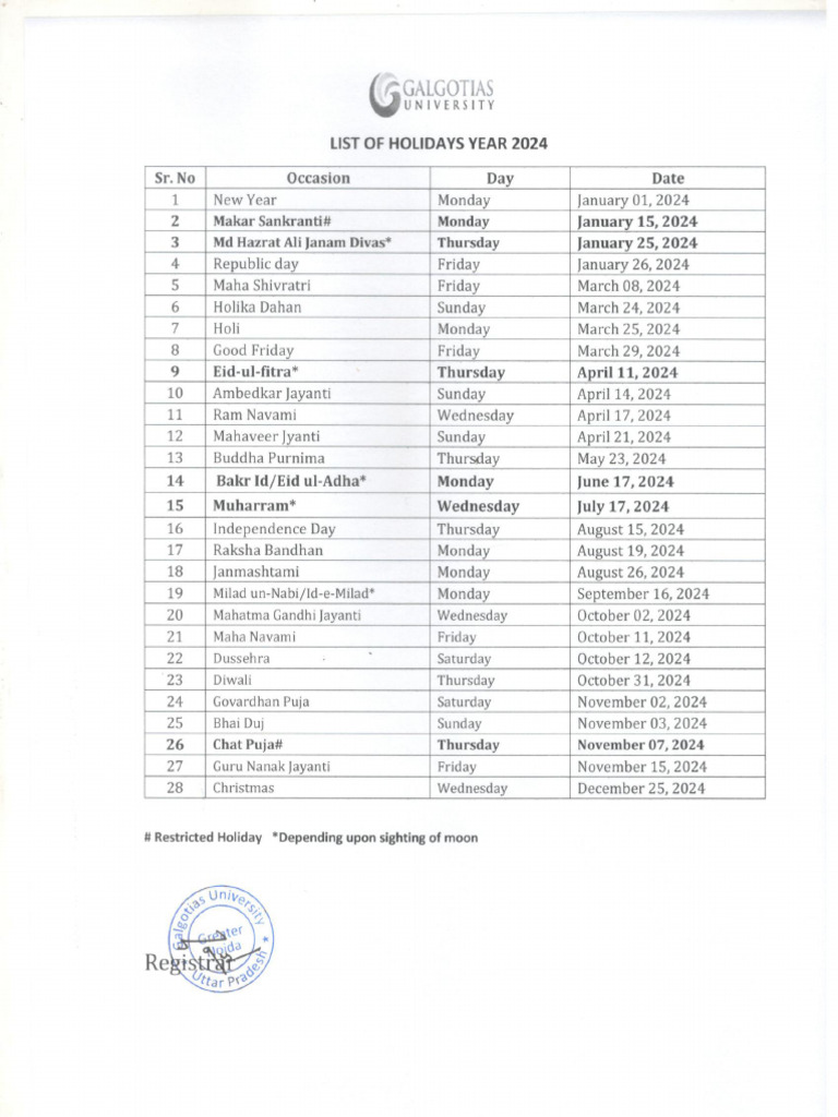 Holidays List - 2024 Updated 9th Jan 2024 | PDF