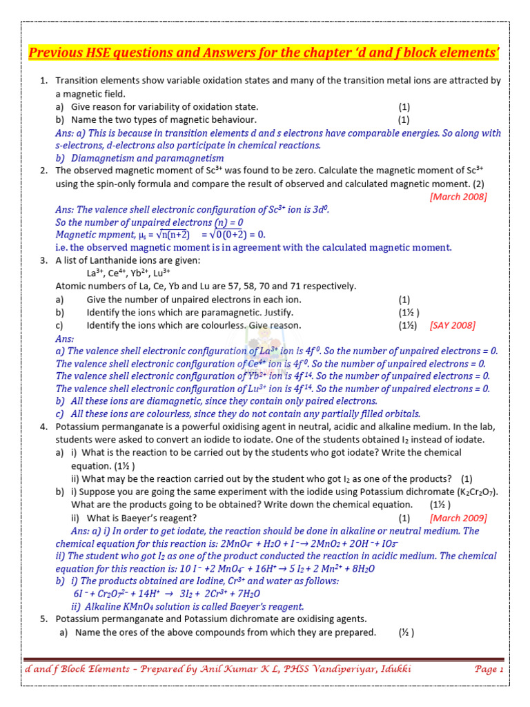 Hsslive-Xii-Chem-4. D and F Block Elements Qns & Ans | PDF | Transition Metals | Lanthanide