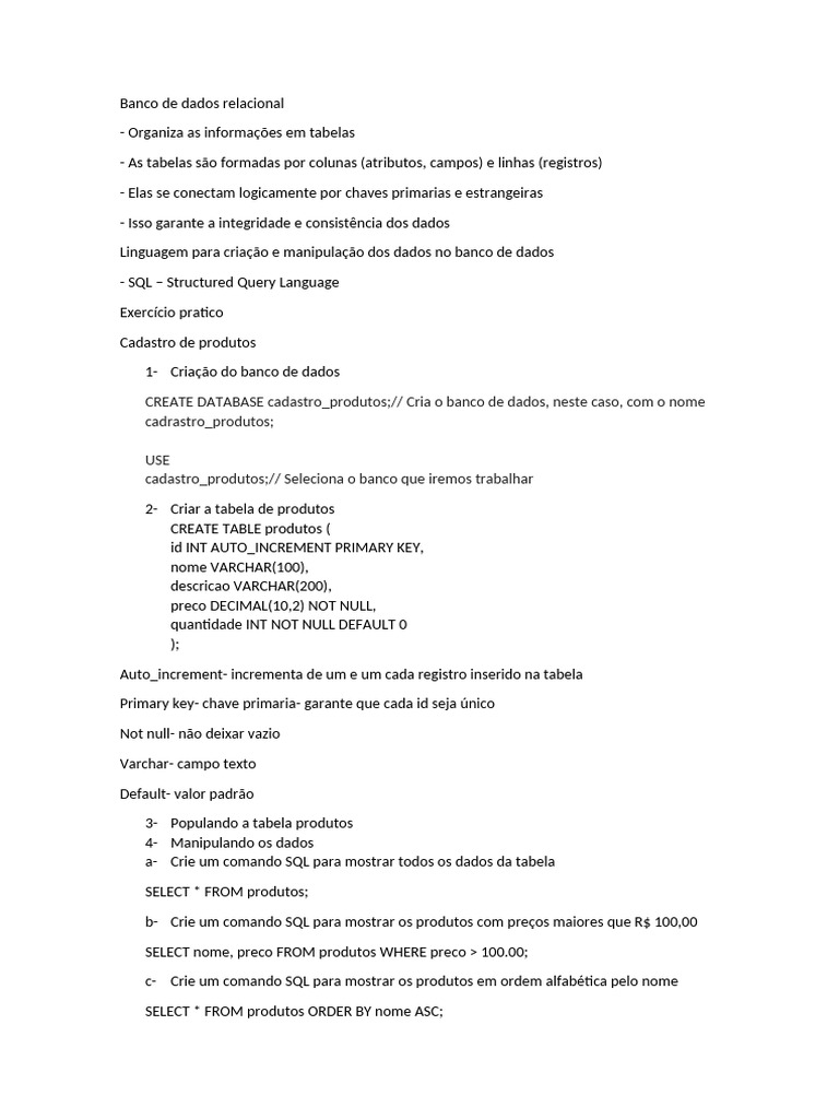 Introdução ao Banco de Dados Relacional | PDF | SQL | Base de dados ...