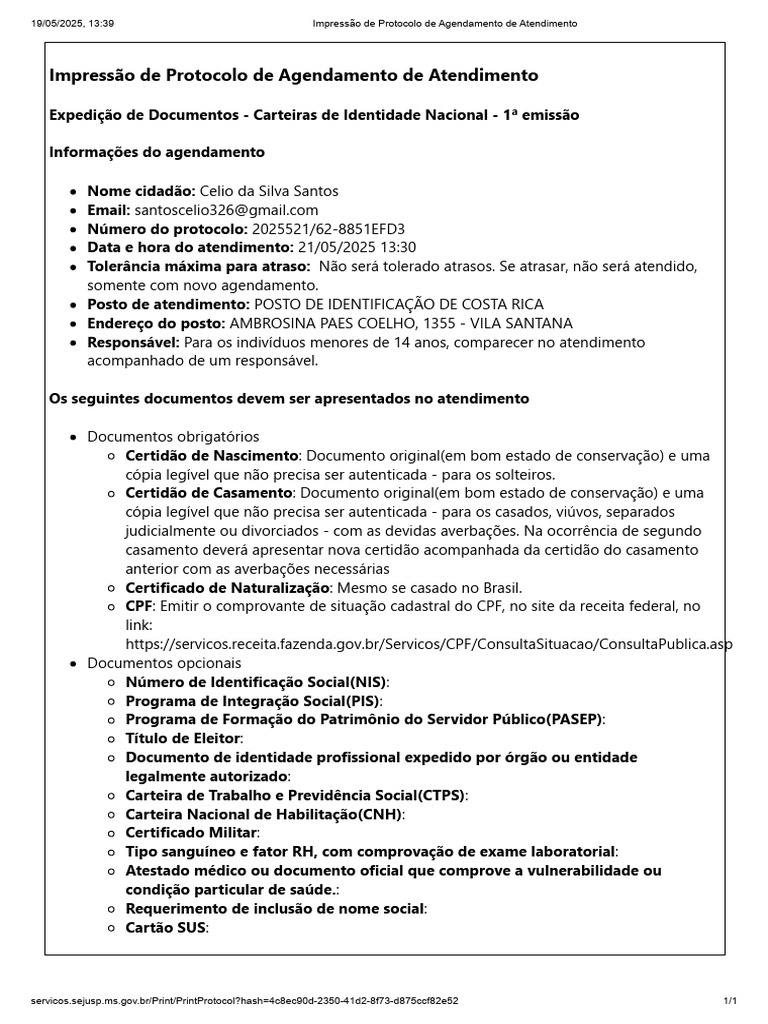 Impressão de Protocolo de Agendamento de Atendimento Marreta | PDF