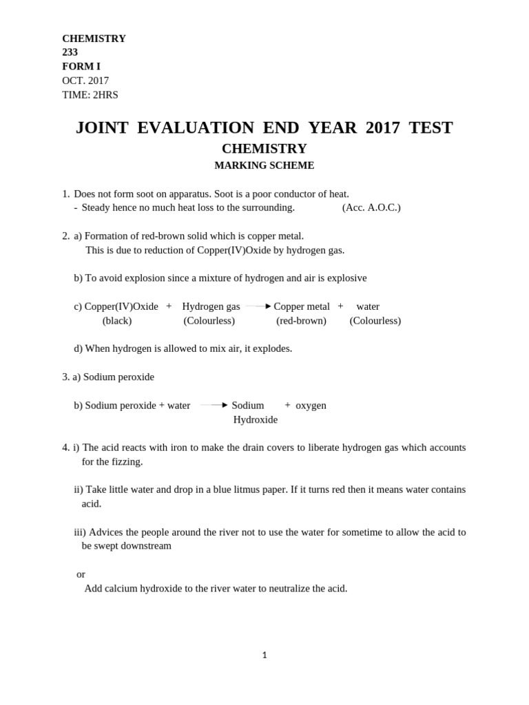Form 1 Chemistry 2017 Marking Scheme | PDF | Magnesium | Acid