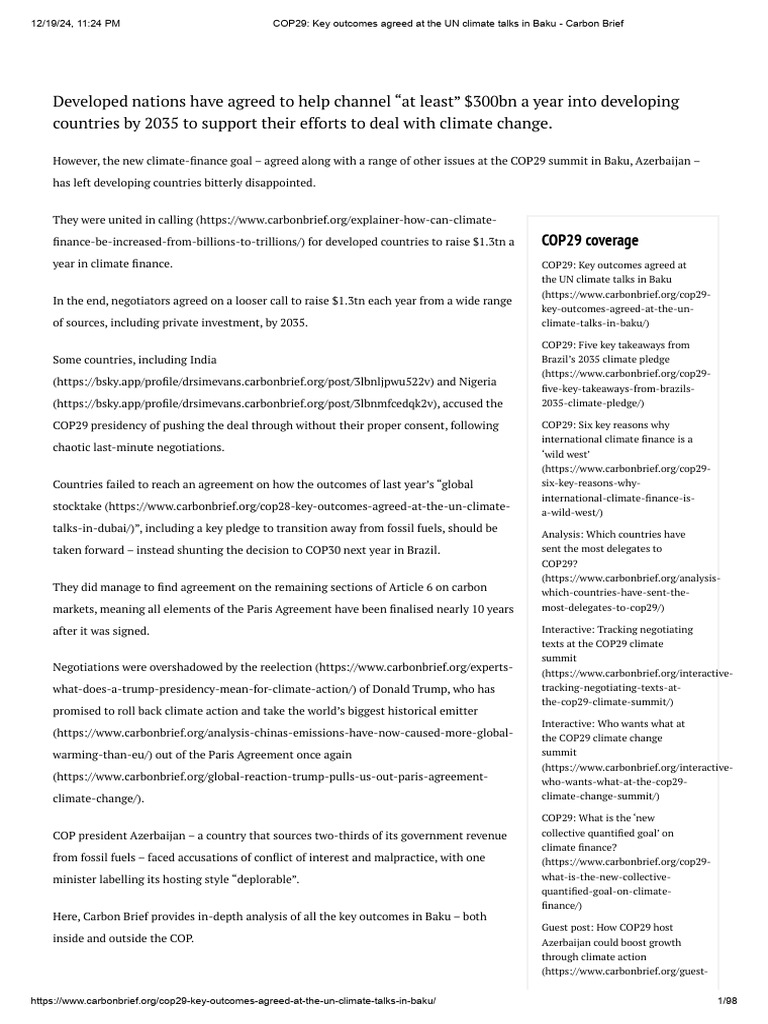 COP29 Outcomes: Climate Finance Goals | PDF