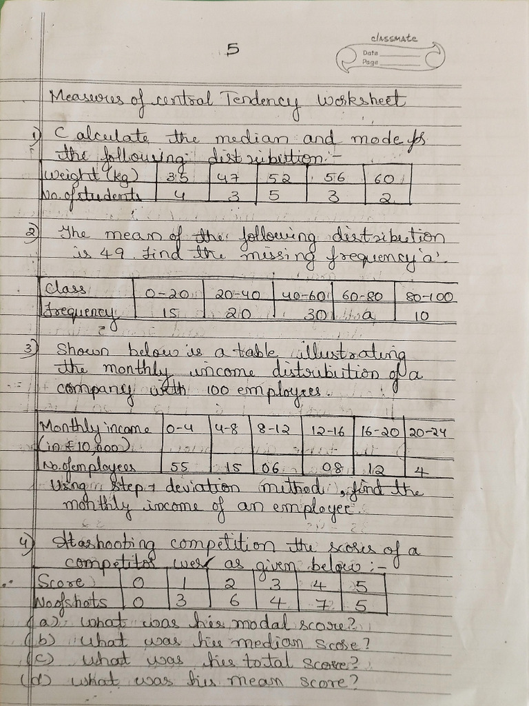 Measures of Central Tendency - Work Sheet | PDF
