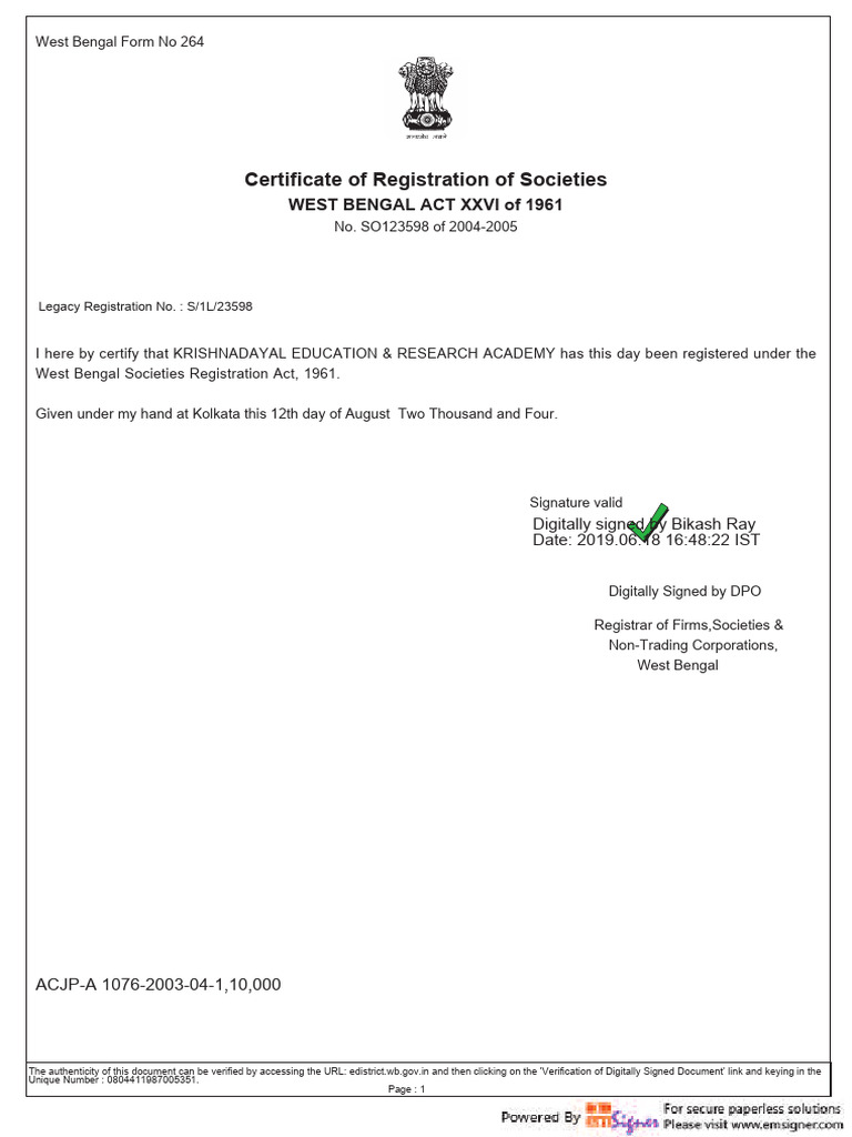 West Bengal Society Registration Certificate | PDF