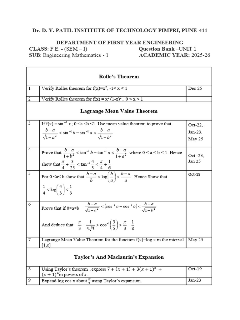 M1 Unit 1 Question Bank 2025-26 | PDF | Mathematics