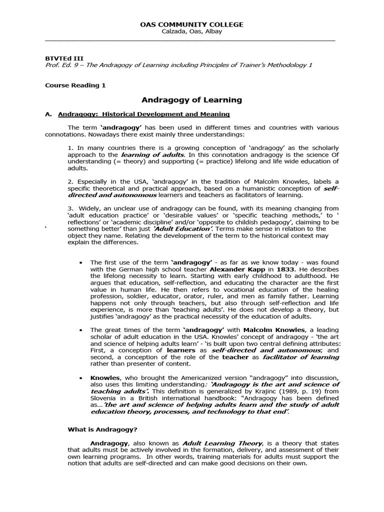Understanding Andragogy in Adult Learning | PDF | Learning | Behavior ...