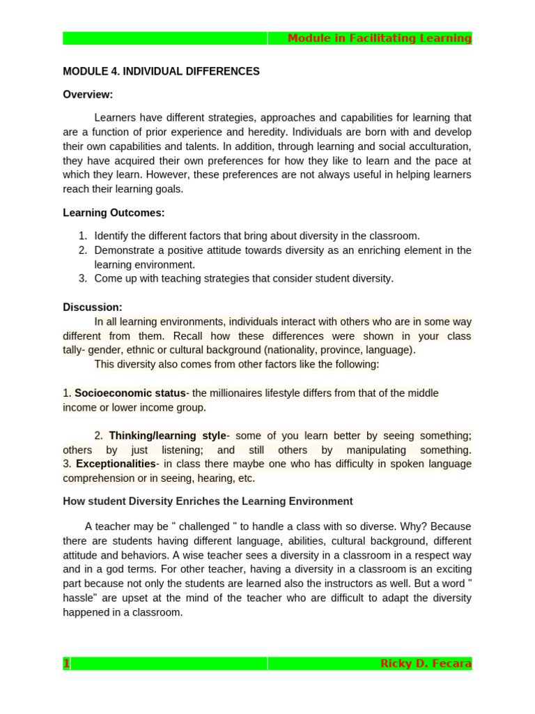 Facilitating Learning Module 4 | PDF | Learning | Teachers
