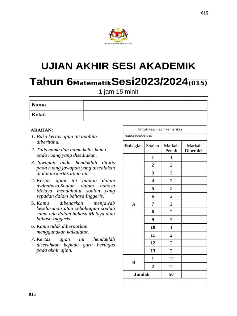 23 - 24 UASA Math Tahun 6 | PDF