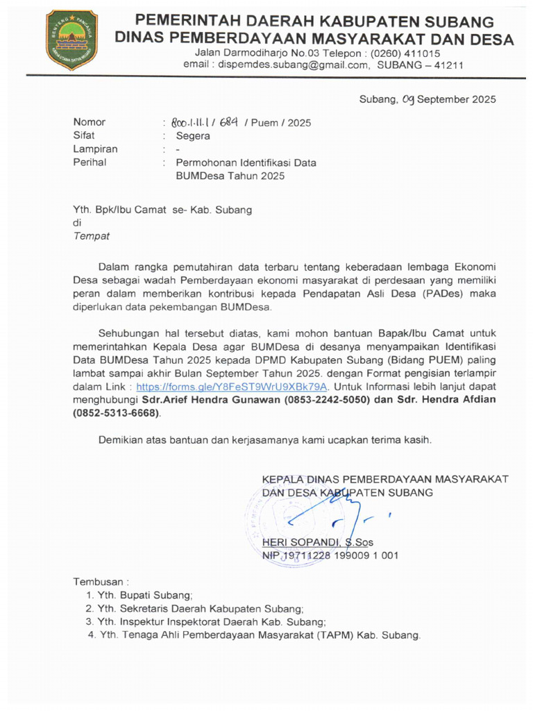 Permohonan Identifikasi Data BUMDesa Tahun 2025 | PDF