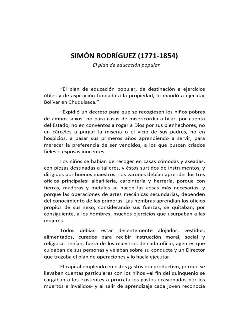 Plan de Educación Popular de Simón Rodríguez | PDF
