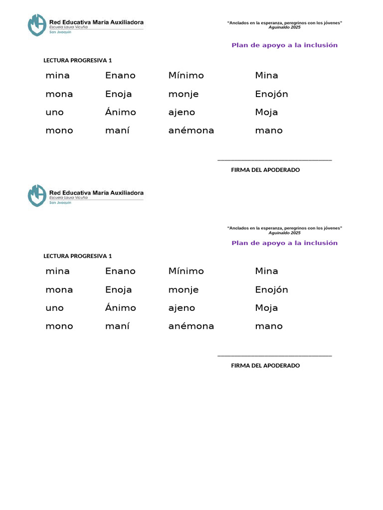 Lectura Progresiva 1 Palabras MN | PDF