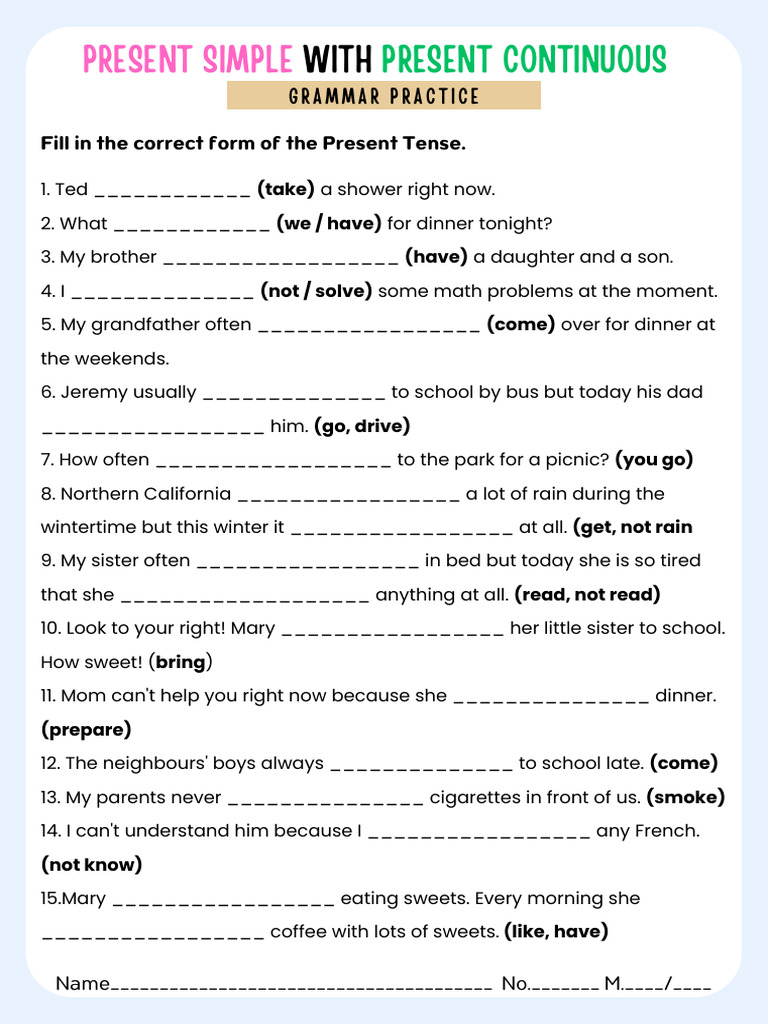 Worksheet 4 - Present Simple Vs Present Continuous Tense M.2 | PDF