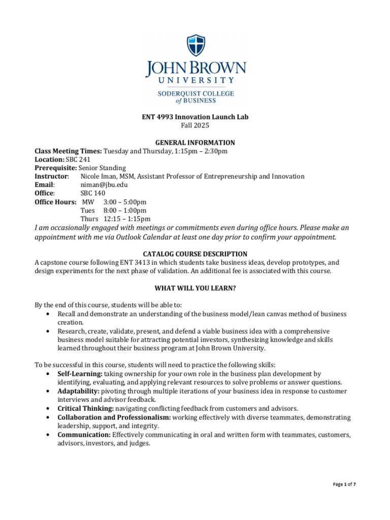 Syllabus Fall 2025 Innovation Launch Lab | PDF | Lean Startup ...