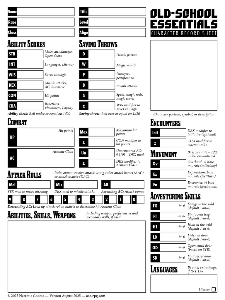 OSE RPG Character Record Sheet | PDF | Role Playing | Gaming