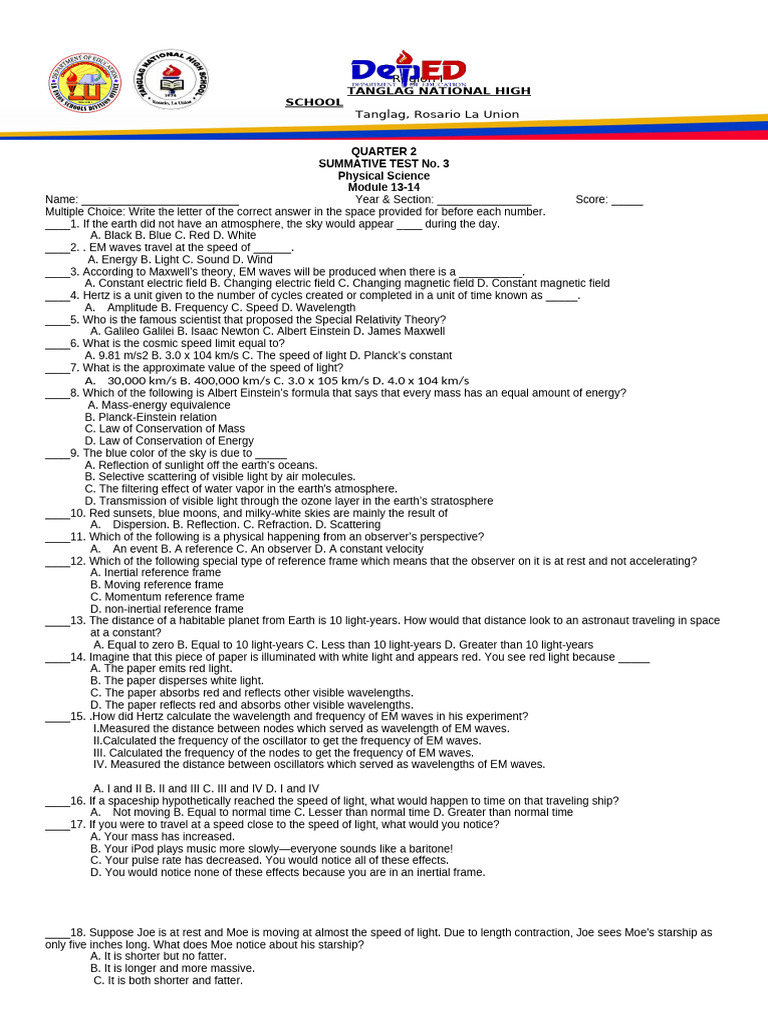 Quarter 2 Summative Test 3 in PHYSICAL SCIENCE | PDF | Light | Speed Of ...