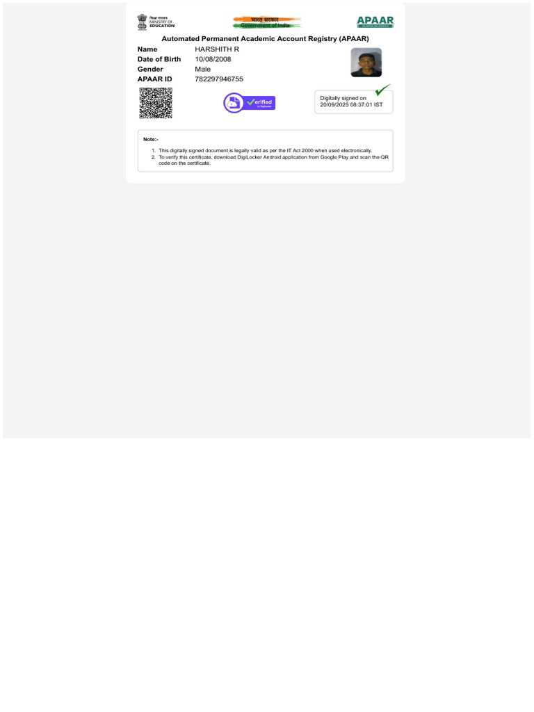 APAAR ID Certificate for Harshith R | PDF