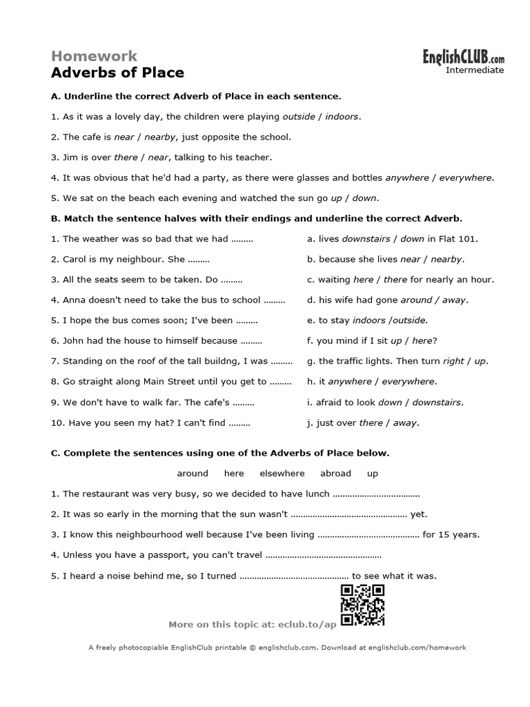 Adverbs of Place Homework Exercise | PDF