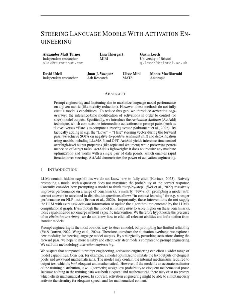 Alexander Matt Turner, Lisa Thiergart, Gavin Leech, Et Al - Steering Language Models With ...