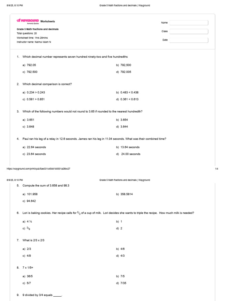 Grade 5 Math: Fractions & Decimals Worksheets | PDF | Mathematical ...