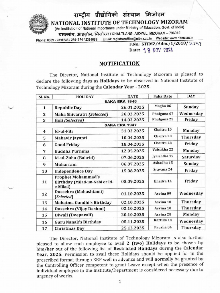 Notification Holiday List and RH List at NIT Mizoram For 2025 Dt. 19.11 ...