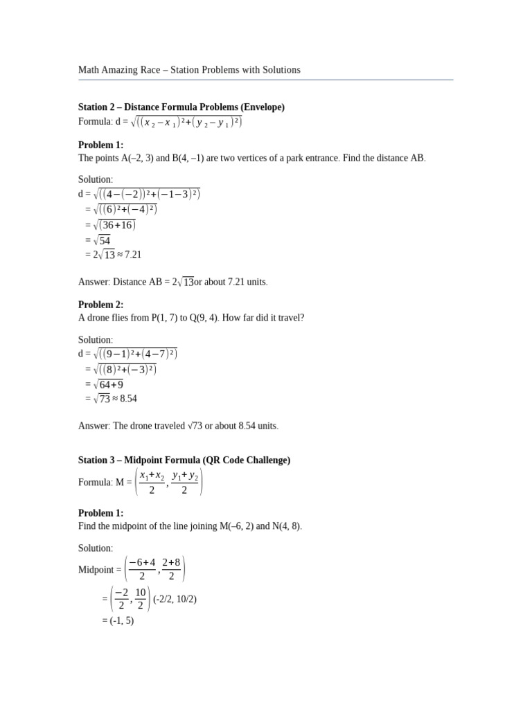 Math Amazing Race Stations Solutions | PDF