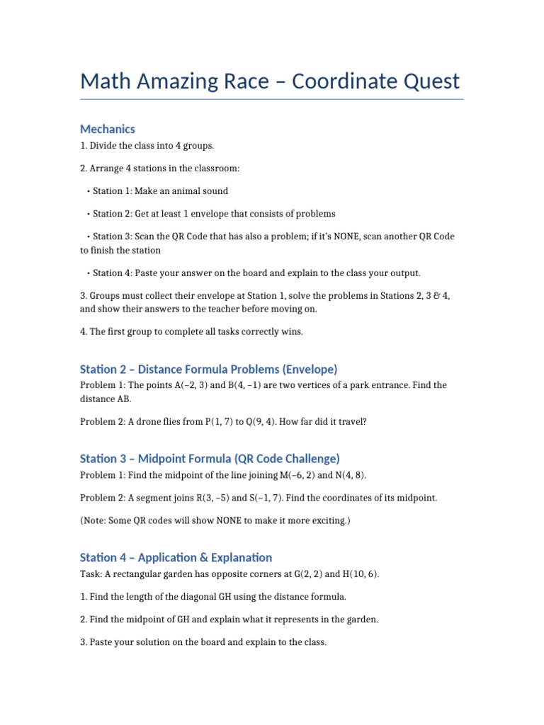 Math Amazing Race Coordinate Quest | PDF
