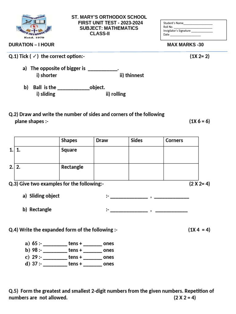 Class 2 Math Unit Test 2023-24 | PDF | Mathematics