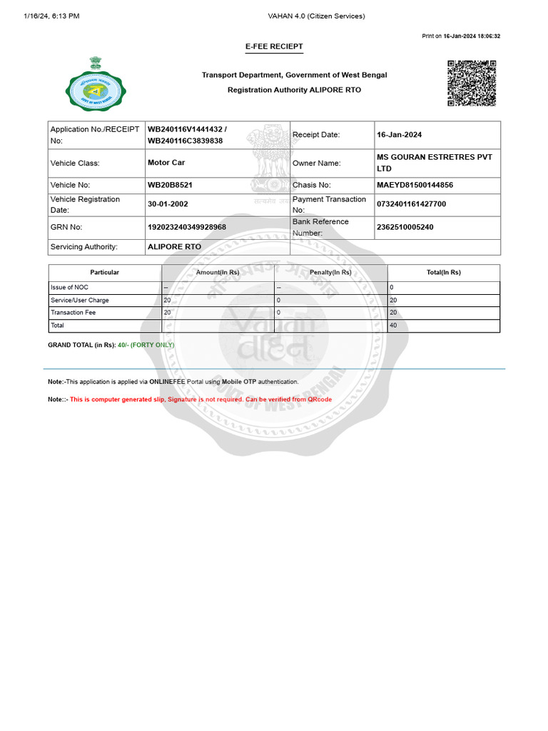 Vahan 4.0 Citizen Services Receipt | PDF | Receipt
