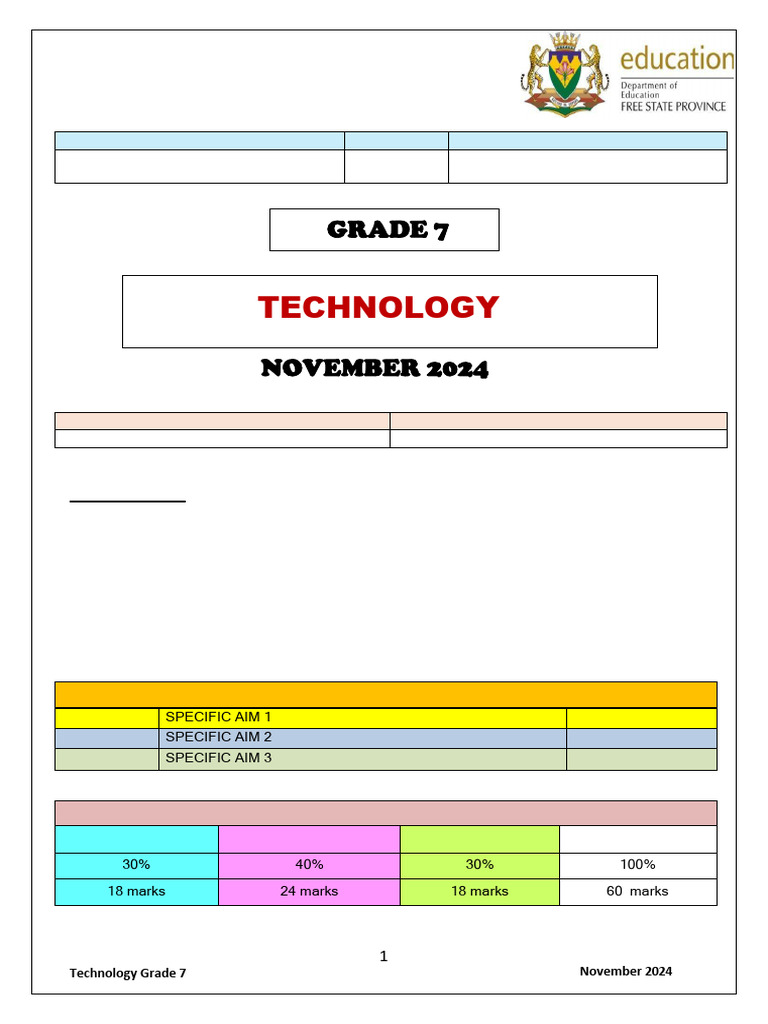 Grade 7 Technology Exam November 2024 | PDF | Drawing | Length