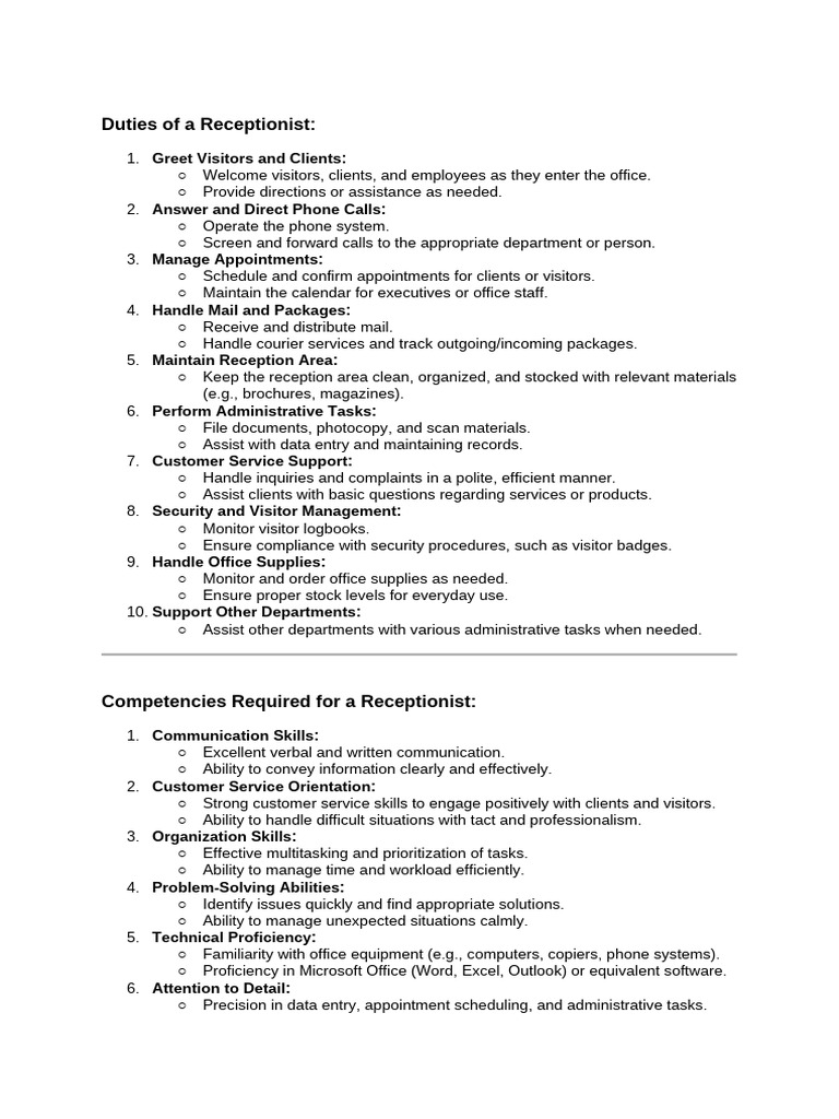 Duties of A Receptionist | PDF | Communication | Information