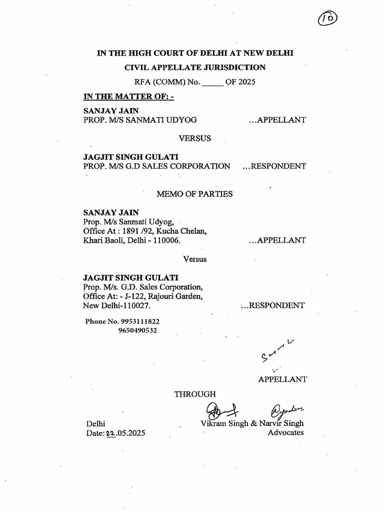 Memo of Parties in Sanjay Jain Vs Jagjit Singh Gulati | PDF