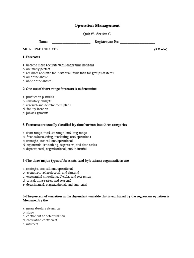 Operation Management - Quiz No 3..for Print | PDF | Forecasting | Time ...