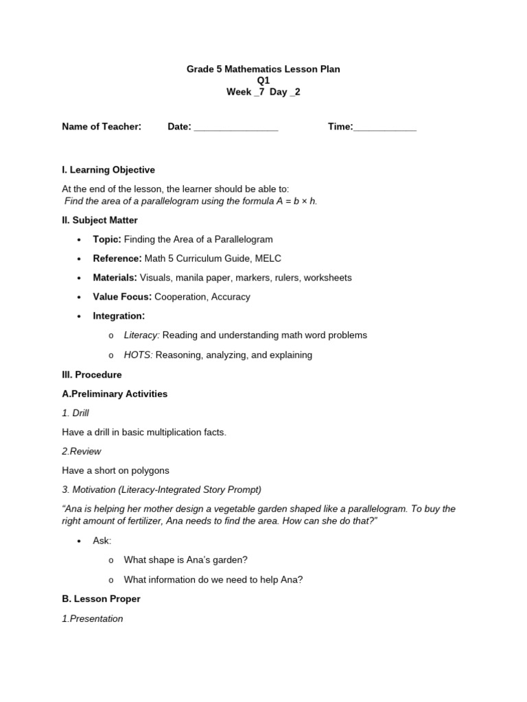 Area of Parallelogram Lesson Plan | PDF | Area | Lesson Plan