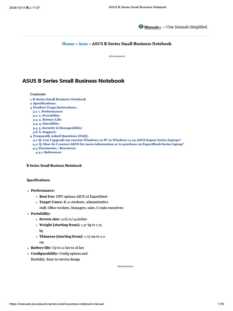 ASUS B Series Small Business Notebook | PDF | Laptop | Windows 10