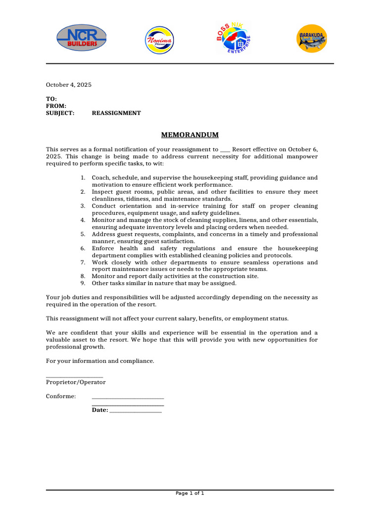 Housekeeping Staff Reassignment Memo | PDF