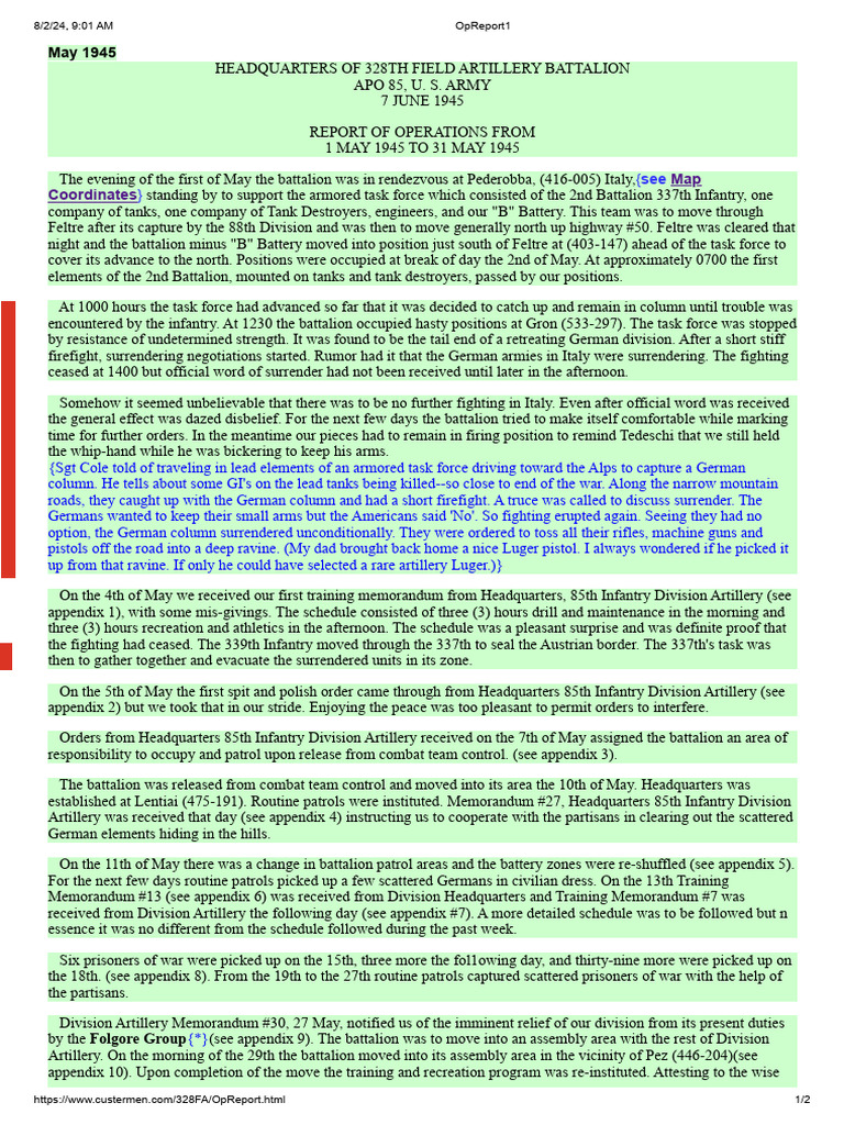 85th Div 1945 May 328th Field Artillery Bat Ops Report Bom | PDF ...