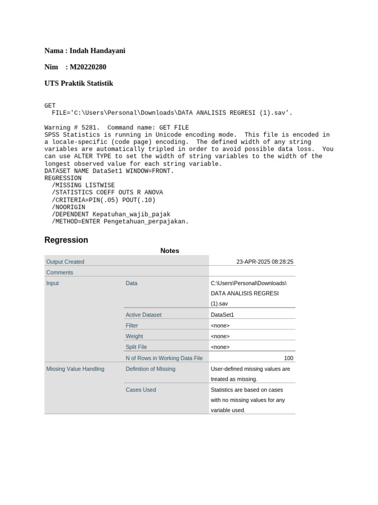 Output Uts Praktik Statistik - Indah Handayani | PDF | Errors And ...