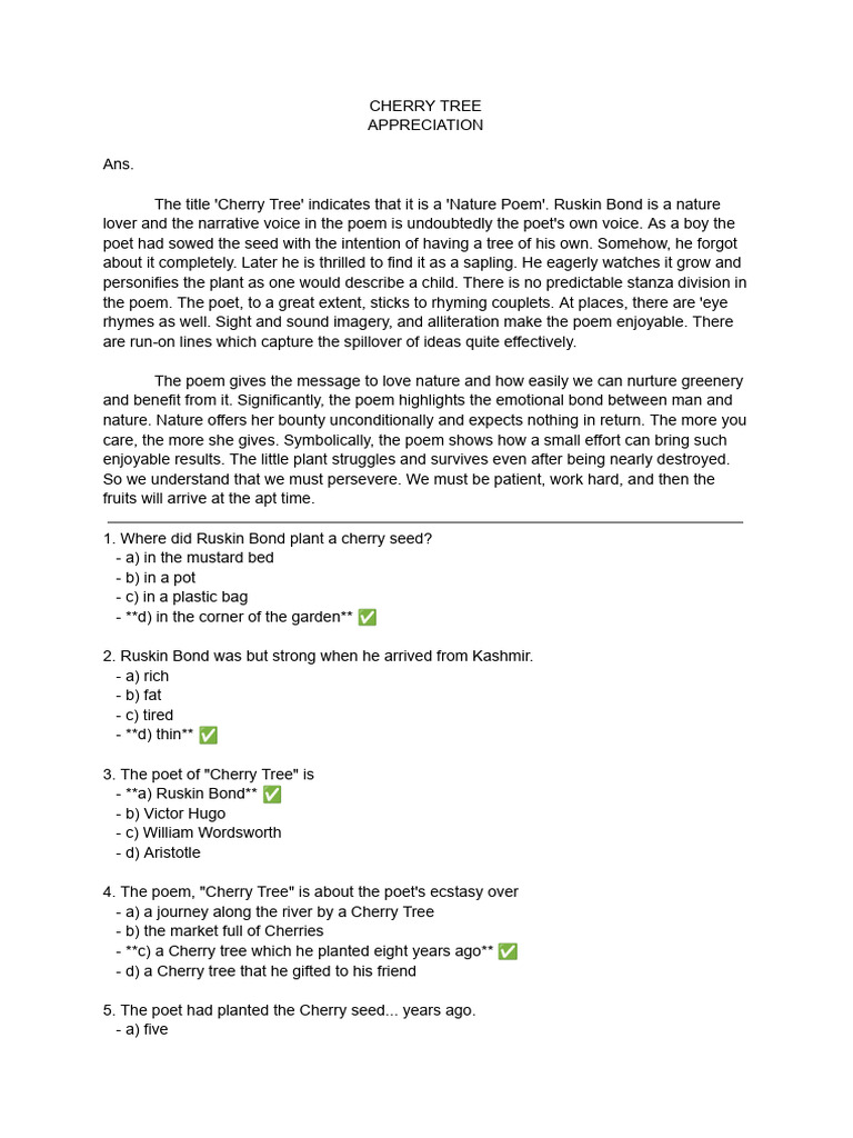 Cherry Tree: Appreciation and Analysis | PDF | Poetry
