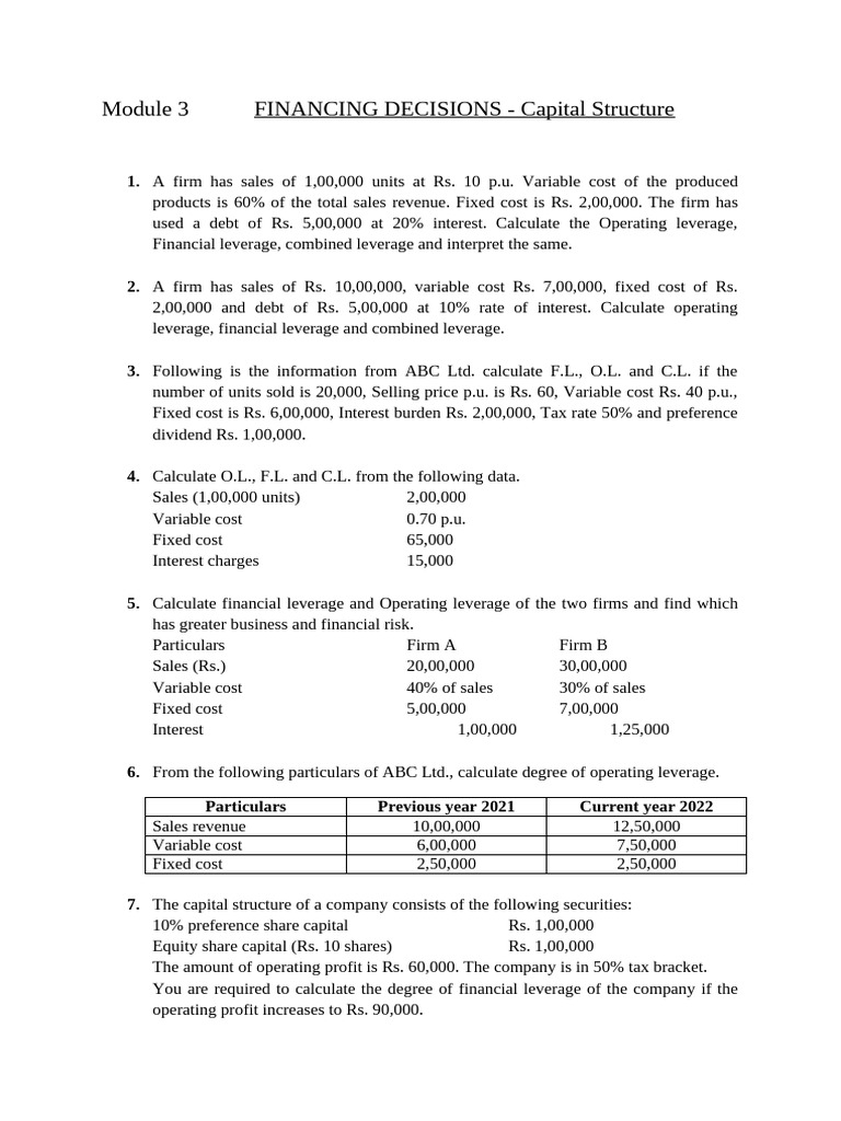 Capital Structure and Leverage Calculations | PDF | Capital Structure ...