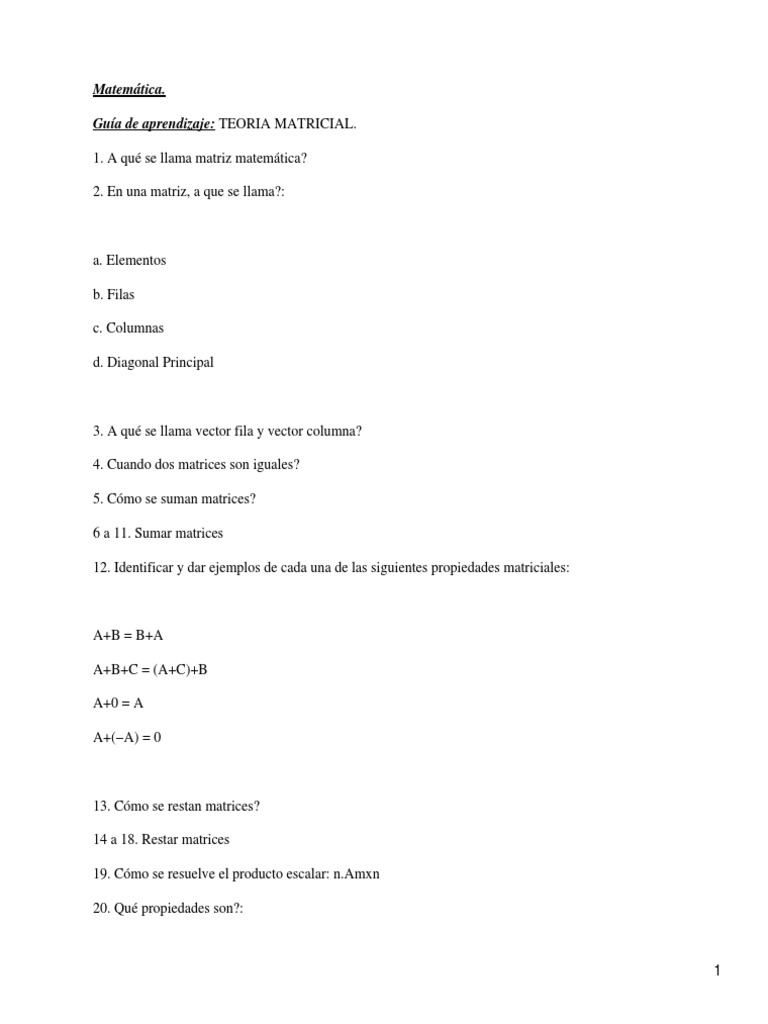 Matrices - Guía de Aprendizaje | PDF | Matriz (Matemáticas ...