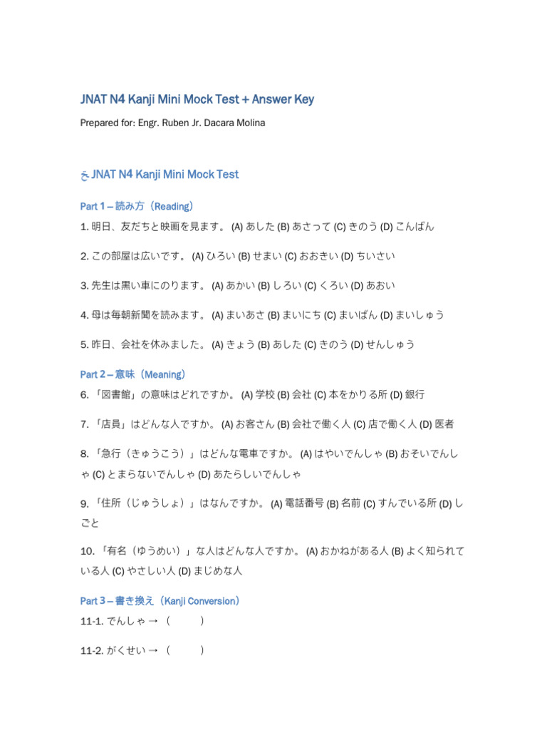 JNAT N4 Kanji Mini Mock Test With Answers | PDF